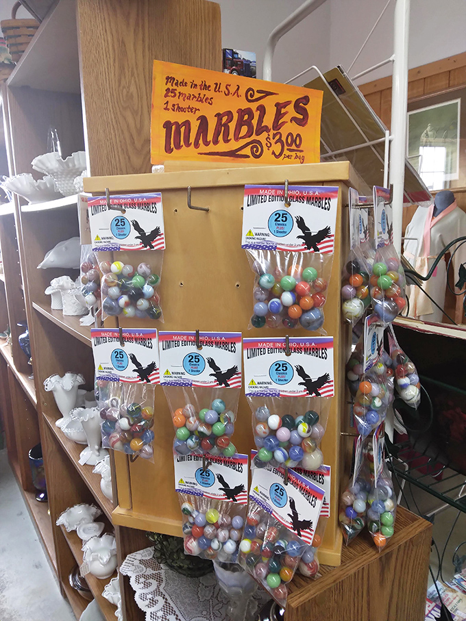 American-made marbles glisten like tiny planets in their own universe. Who knew childhood nostalgia could be so perfectly spherical?