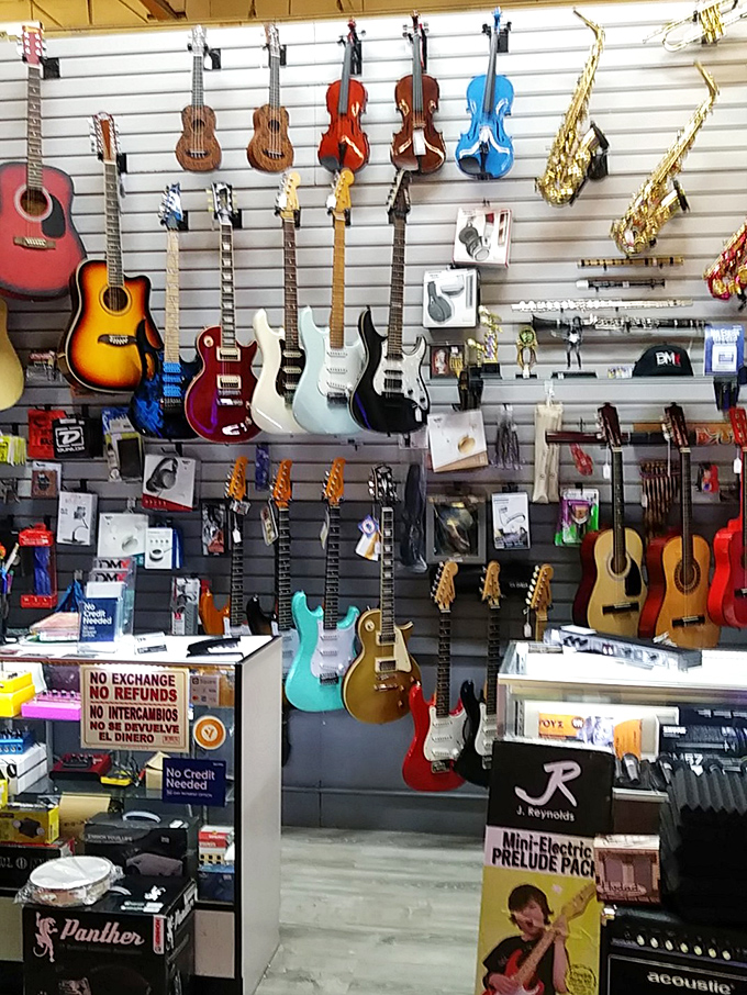 A musician's paradise where instruments hang like ripe fruit. Electric guitars in candy colors share wall space with traditional acoustics and vibrant violins.