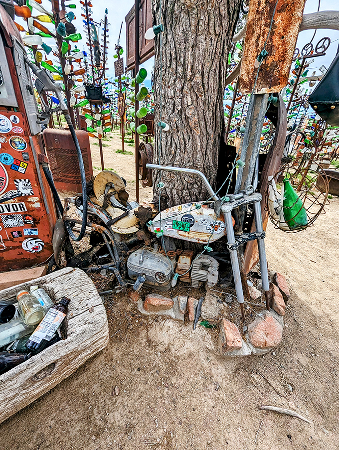 This vintage motorcycle has traded highway adventures for a permanent spot in this desert art installation paradise.