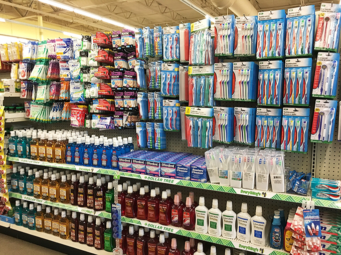 Toothbrushes and dental care products line up like colorful soldiers, fighting the good fight against both plaque and inflation.