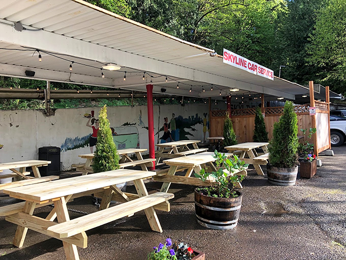 The outdoor seating area&mdash;where Portland's rare sunny days meet America's favorite comfort food. Nature and nurture in perfect harmony.