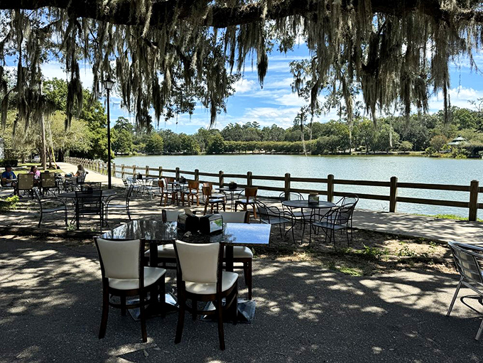 Dining al fresco with Spanish moss and lake views&mdash;nature's perfect digestif. Those metal chairs have witnessed countless food epiphanies.