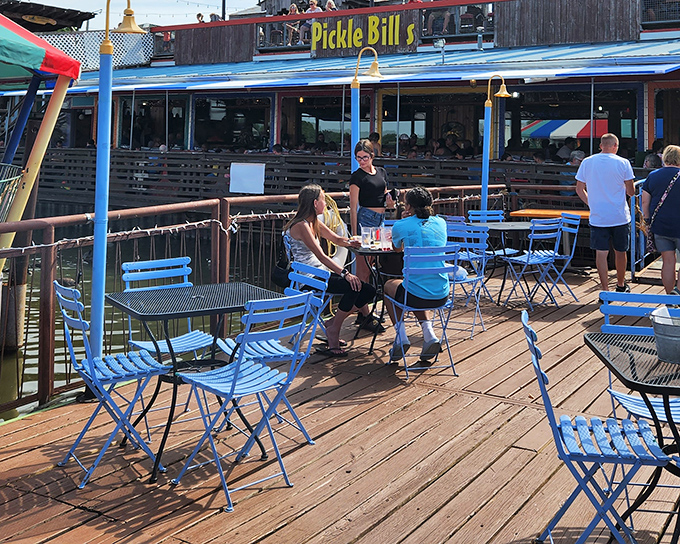 The outdoor deck at Pickle Bill's—where fresh air, sunshine, and the anticipation of seafood create the perfect Midwestern coastal experience.