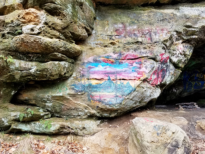 Someone left their mark on this ancient canvas. Nature and humanity collaborating on an ever-changing exhibition no museum could contain.