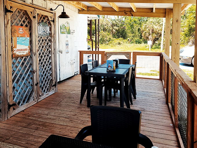 The rustic porch seating at Lynn's offers the perfect backdrop for that "I'm a local now" feeling as you devour your seafood.