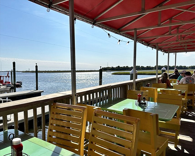 Dining under a red canopy with water views this good should require a special permit. The perfect stage for seafood's grand performance.