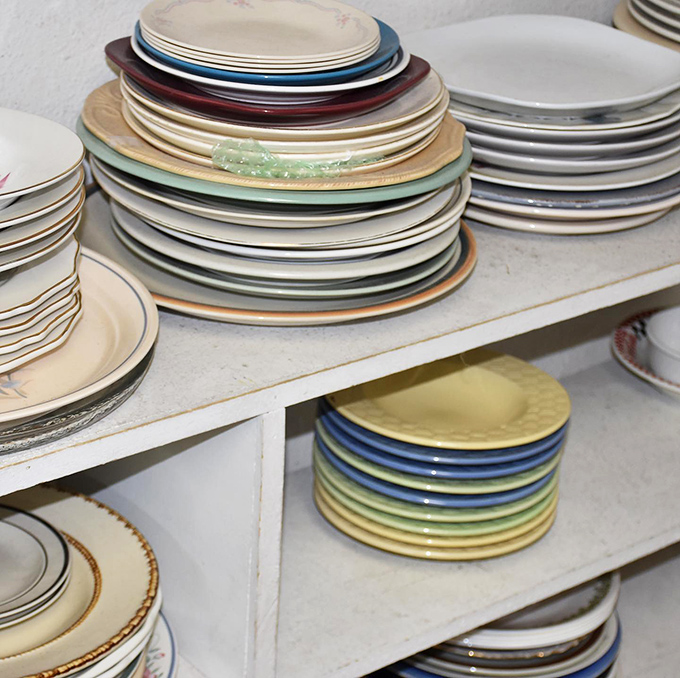 Mismatched plates that somehow look perfectly curated when stacked together. Martha Stewart would call this "thrift chic."