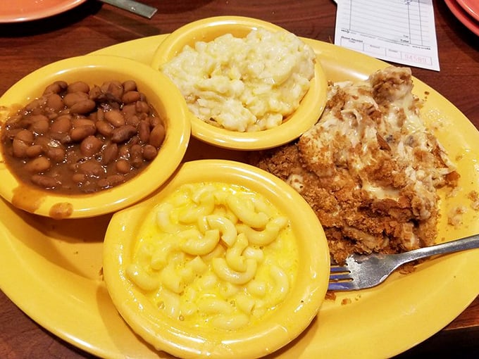 Southern hospitality on a plate: beans, mac and cheese, mashed potatoes, and crispy chicken&mdash;a quartet that sings in perfect harmony.