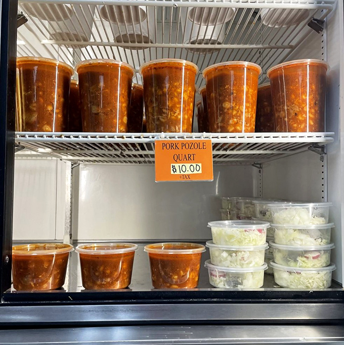 Pozole lined up like soldiers ready for delicious duty. These containers hold comfort that travels well from San Bernardino to your dining table.