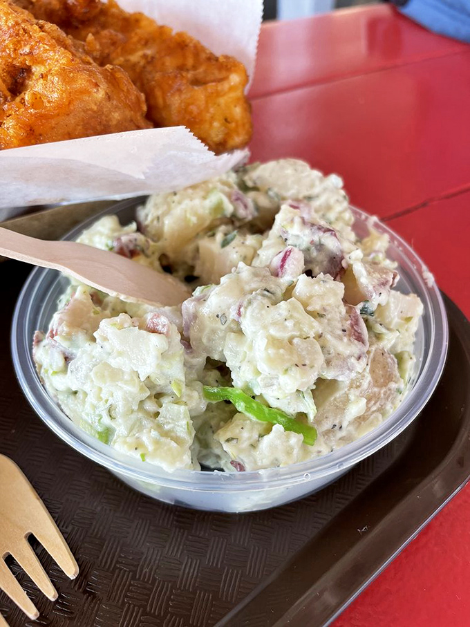 This isn't just potato salad&mdash;it's the perfect sidekick to fried seafood, a creamy, herb-flecked counterpoint to crispy main attractions.