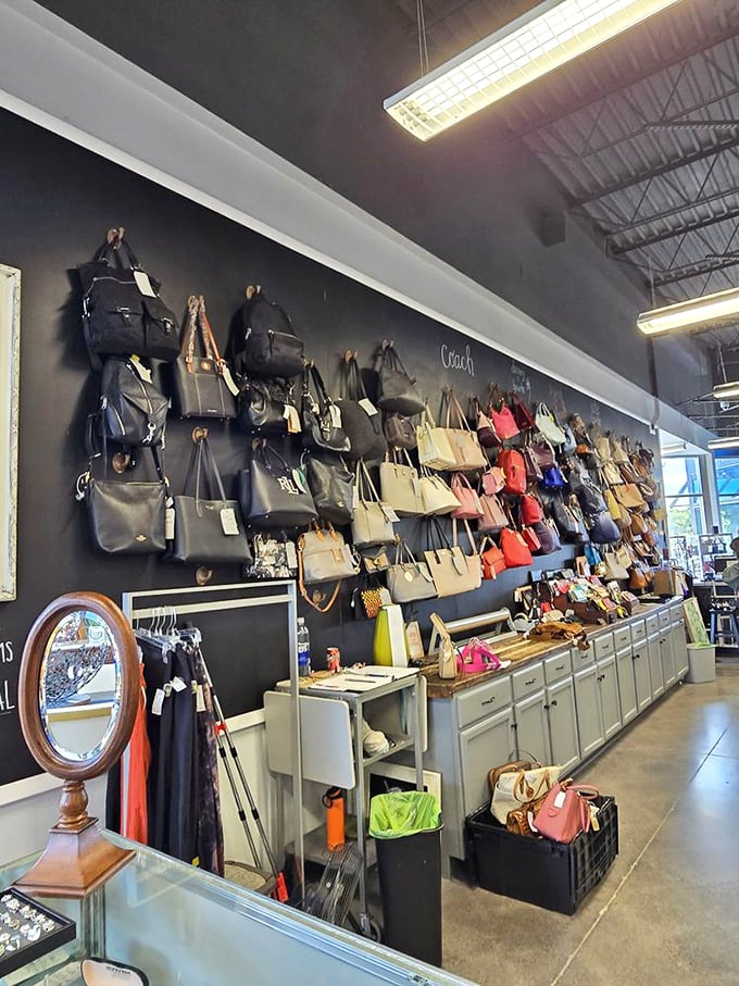 Handbag heaven exists, and it's on this wall. Designer purses at non-designer prices make splurging feel more like savvy shopping.