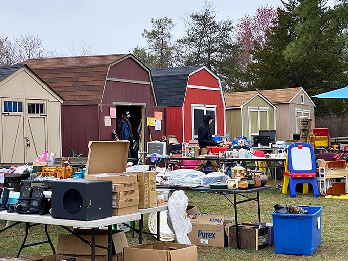 Barn-style vendor setups create a charming backdrop for the outdoor displays. That folding table might hold exactly what you didn't know you needed until this moment.