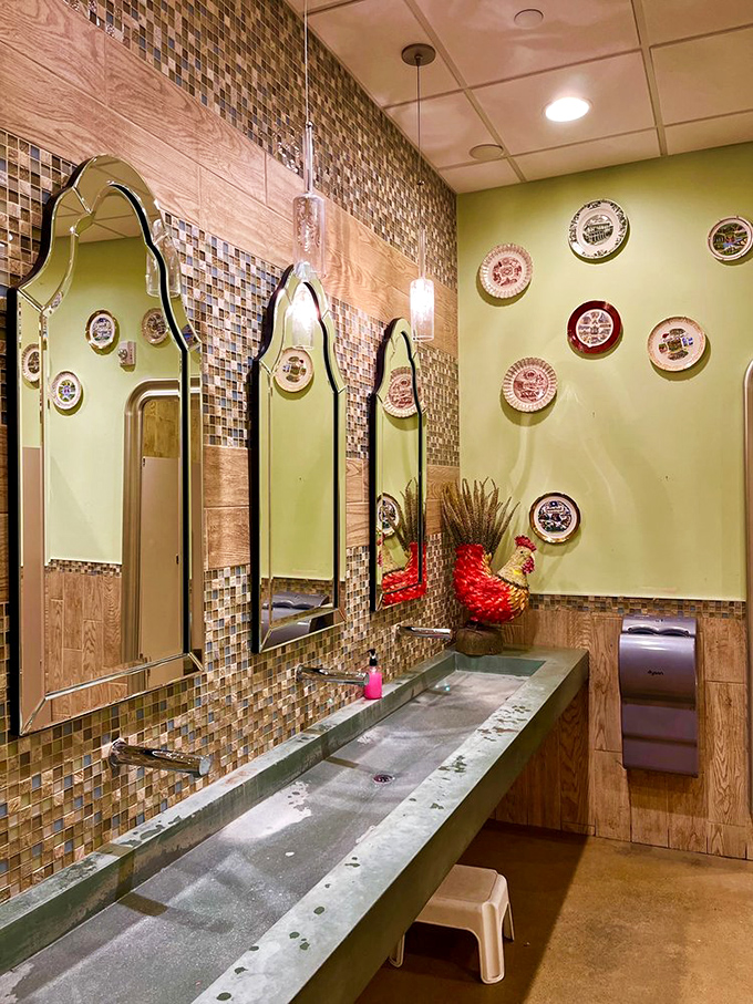 Even the restroom tells a story, with decorative plates and farm-themed accents proving that at Farmhouse, no detail is too small for thoughtful design.