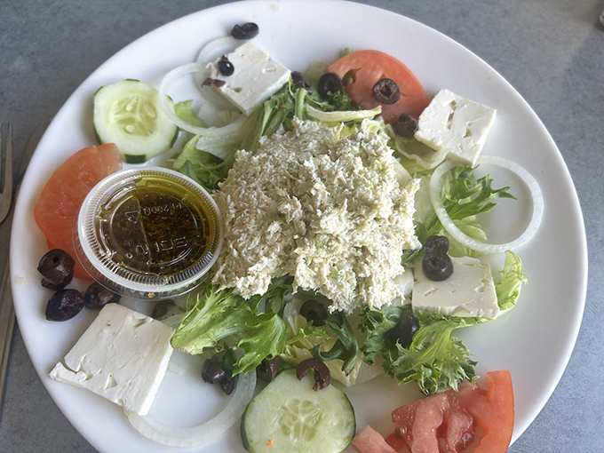 A Greek salad that transports you straight to the Mediterranean without leaving Gettysburg. Those feta chunks are playing hide-and-seek among the veggies.