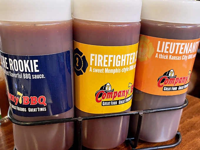 The sauce lineup: "The Rookie," "Firefighter," and "Lieutenant"&mdash;each one climbing the ladder of flavor intensity like a heat-seeking taste missile.