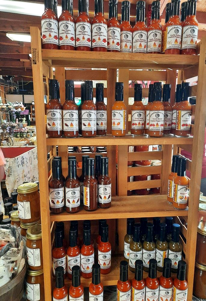 Hot sauce heaven for heat seekers! This wooden shrine to spice offers liquid courage for those looking to add some excitement to their meal.