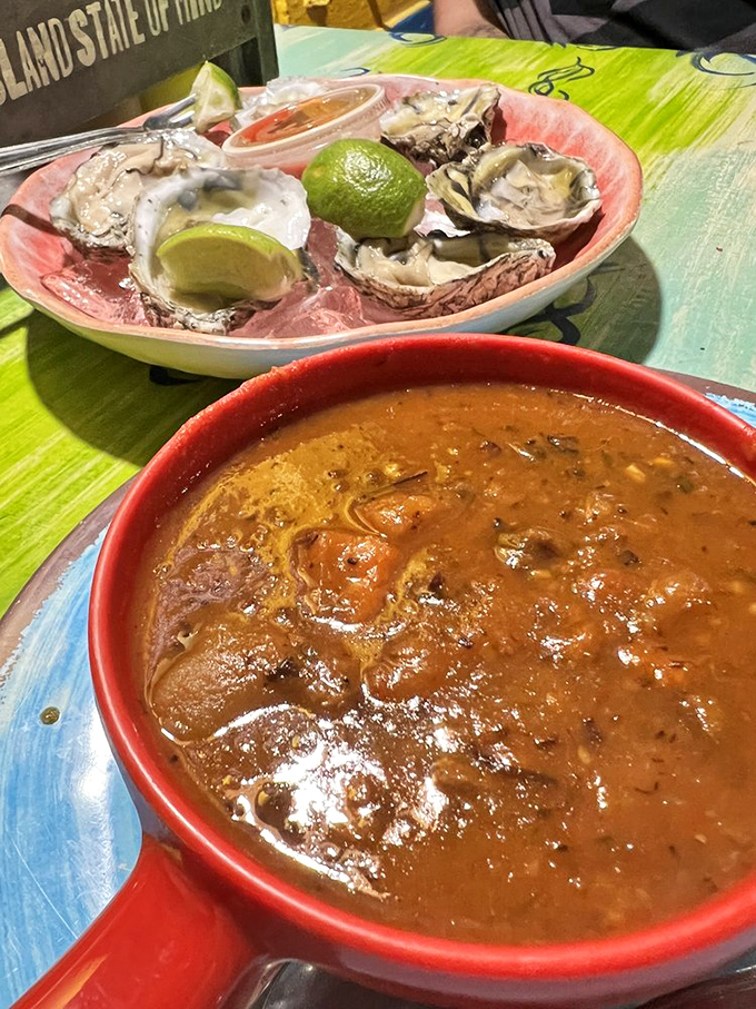 A bowl of seafood chowder thick enough to stand your spoon in, with oysters that taste like they were harvested minutes ago. 