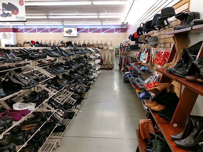 The shoe aisle: where Cinderella would spend hours if her fairy godmother was on a budget. Someone's forgotten footwear becomes your perfect fit. 