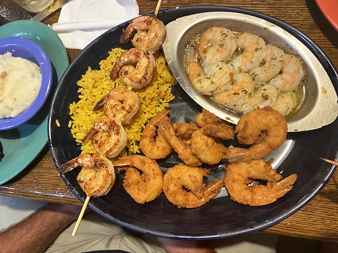 The shrimp sampler trifecta&mdash;broiled, grilled, and fried&mdash;for when making decisions is too difficult and "I'll have it all" becomes the only reasonable answer.
