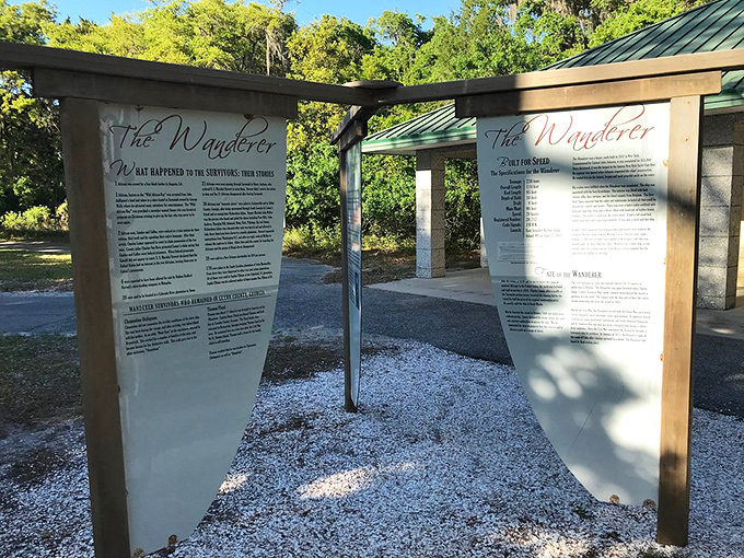 Historical markers reveal The Wanderer's dark legacy, adding profound depth to this peaceful shoreline. Beauty and history intertwined in every step.