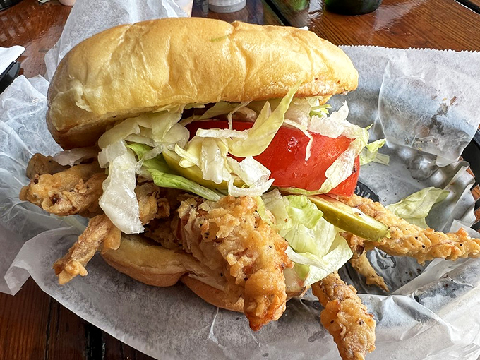 Soft shell crab sandwich delivers that perfect crunch-to-tenderness ratio that dreams are absolutely made of.