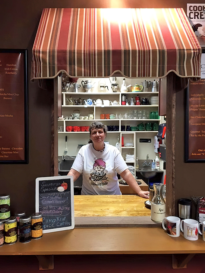 Behind the counter of the Grumpy Troll Coffee, friendly staff serve up beverages that help fuel your journey through the wonderfully weird world of trolls.