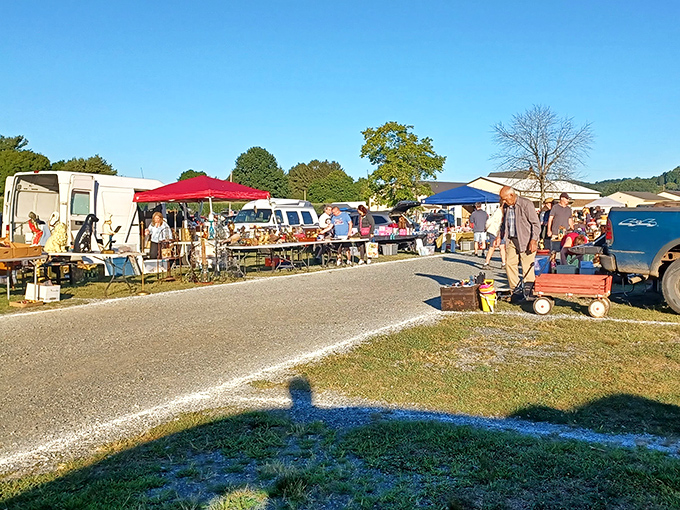 Outdoor vendor stalls stretch toward rolling hills, creating a shopping village where every booth promises its own unique adventure.