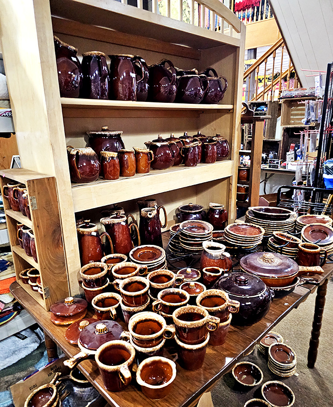 The motherlode of brown drip pottery! Enough matching stoneware to host a 1970s dinner party for the entire neighborhood.