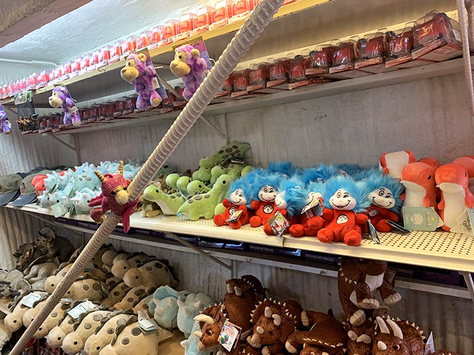 Inside the gift shop, plush dinosaurs offer a cuddly alternative to their concrete cousins outside.