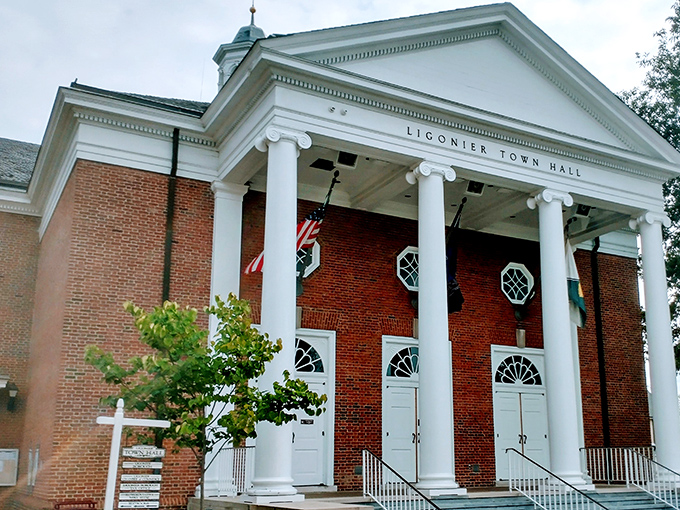 Ligonier Town Hall's stately columns and brick fa&ccedil;ade give small-town governance a dignity that most big-city buildings can only dream about.