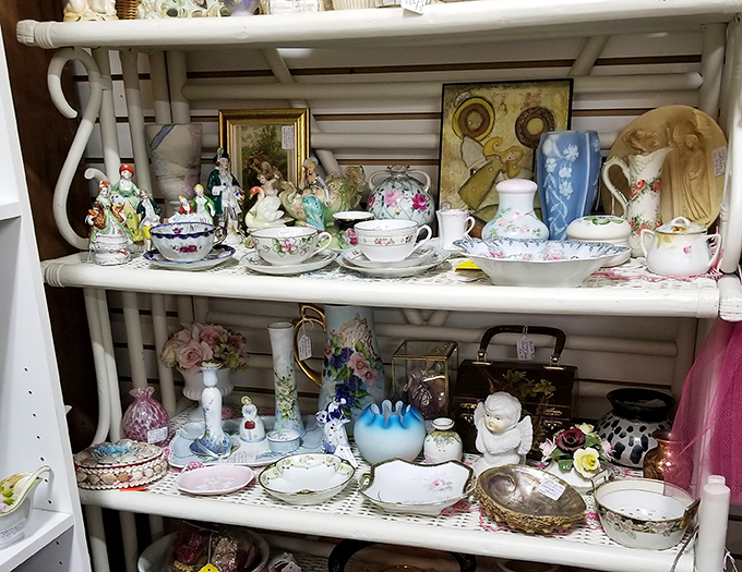 Delicate porcelain treasures await new homes. That teacup might have served Earl Grey to someone's great-grandmother during FDR's fireside chats.