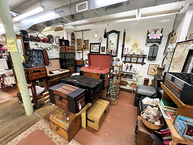 Storage solutions from another era. These beautifully worn trunks and chests weren't destined for climate-controlled storage units—they were built for steamship voyages and cross-country trains.