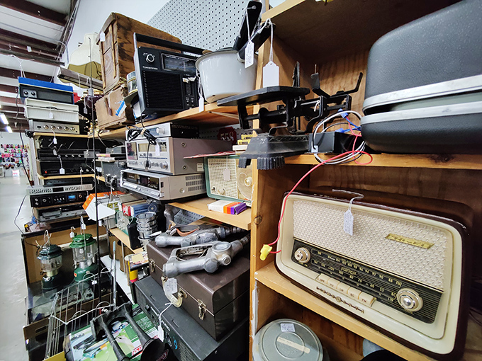 Audiophiles and nostalgia seekers unite at this shelf of vintage electronics. That beautiful radio once delivered FDR's fireside chats to anxious American living rooms.