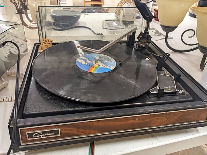This vintage Garrard turntable waits patiently for its vinyl revival moment. Someone's forgotten record player is another's hipster apartment centerpiece.