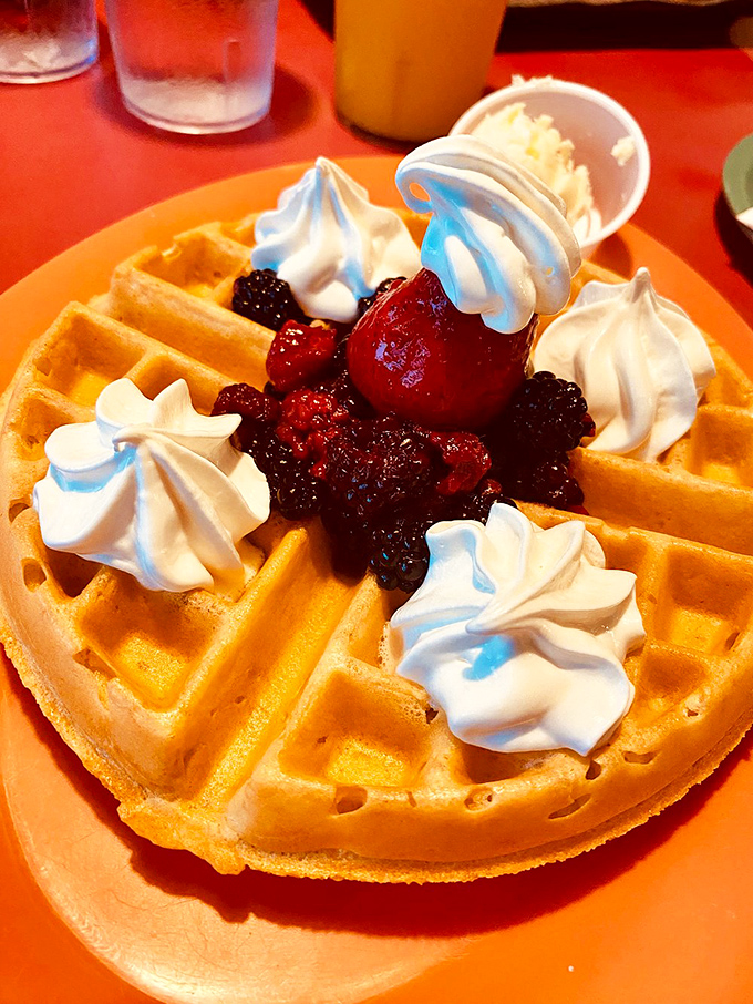 Breakfast nirvana: A Belgian waffle topped with fresh berries and whipped cream that makes morning people out of night owls. 