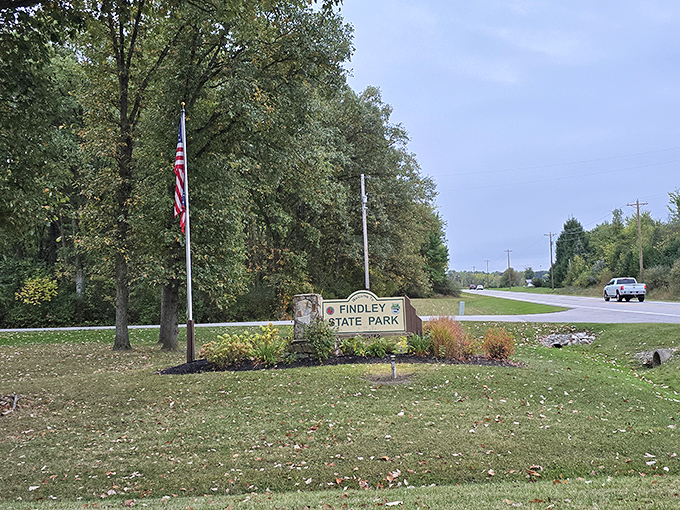 The gateway to tranquility. This unassuming entrance sign might as well read "Stress prohibited beyond this point."