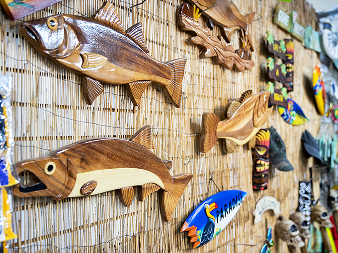 These wooden fish carvings swim eternally on bamboo seas, perfect for transforming bland walls into conversation-starting tropical escapes