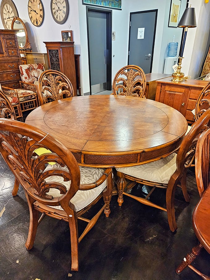 A dining table that's hosted thousands of meals before yours, each scratch and mark telling stories of celebrations past.