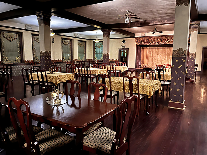 The dining hall, with its elegant place settings and period furniture, sets the stage for murder mystery dinners worthy of Agatha Christie. 