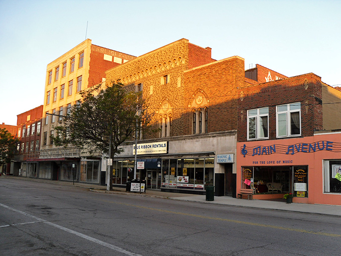 Ashtabula's golden buildings catch the sunset, transforming ordinary brick into extraordinary beauty—a daily show that costs absolutely nothing.