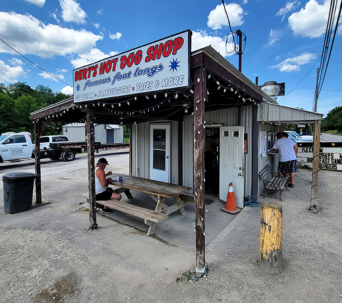 Bert's rustic porch and picnic tables&mdash;where foot-long dreams come true under string lights and open skies.