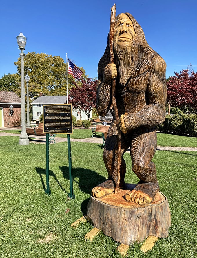Bigfoot Statue: Sasquatch stopped long enough for a wooden portrait! This detailed carving captures the elusive creature in his natural Pennsylvania habitat.
