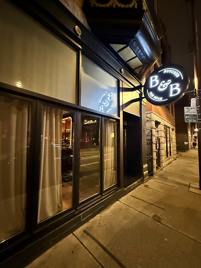 Sleek, mysterious, and promising meaty delights after dark. The perfect spot for urban steak adventurers!