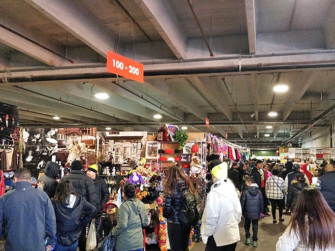 Fluorescent lights illuminate this indoor bazaar where cultures collide and every aisle feels like a different country's marketplace.