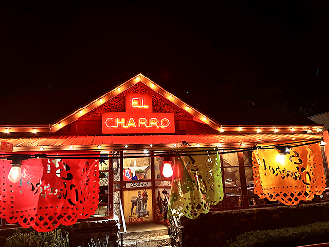 El Charro's nighttime glow under string lights creates instant magic. Those colorful papel picado banners are practically dancing in the breeze.