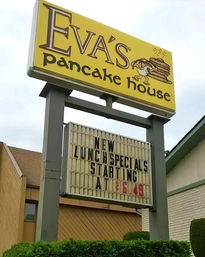 Eva's iconic sign features a little chef who looks like he's rushing those pancakes to your table before the syrup even has time to think.