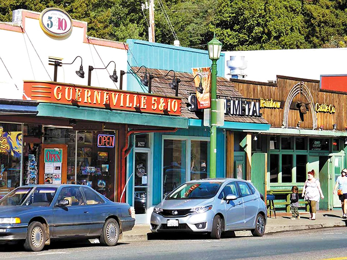 Guerneville: Redwoods on one side, river on the other, and quirky shops in between. This main street marches to its own delightfully offbeat drummer.