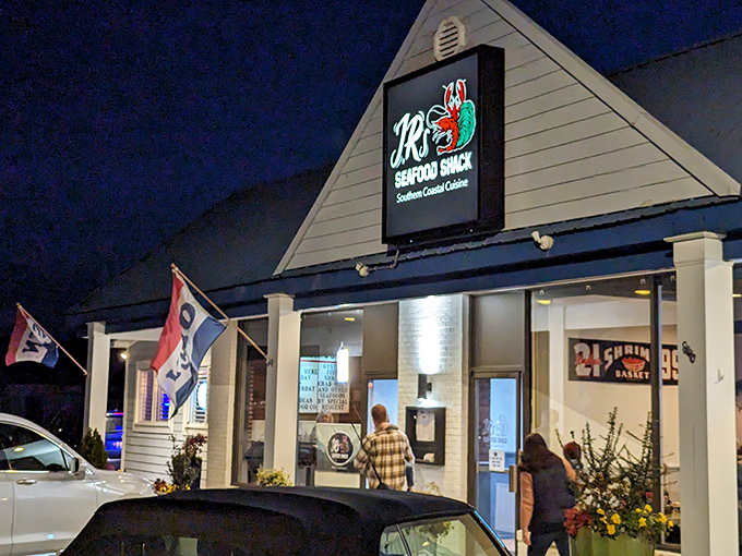 JR's modest exterior glows with possibility at night&mdash;a Southern seafood sanctuary waiting to be discovered.