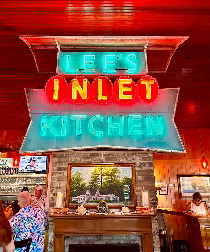 That neon glow means seafood nirvana! Lee's Inlet Kitchen's iconic sign has guided hungry travelers for generations.