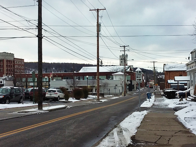 Downtown Meadville in winter&mdash;a place where modest charm meets everyday convenience, and the bank teller still asks about your grandchildren.